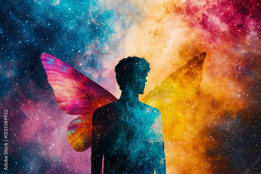 Ethereal being, half-human, half-butterfly, wings ablaze with cosmic ...