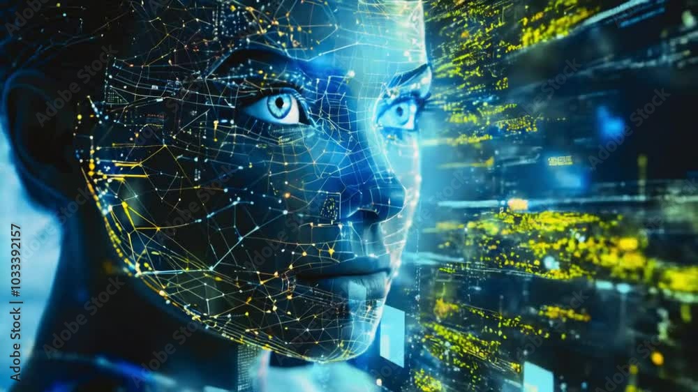 A futuristic digital representation of a human face intertwined with ...