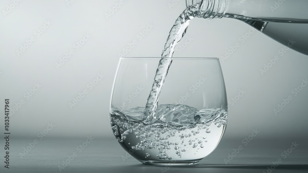 Clear water being poured into a modern designed glass against solid ...