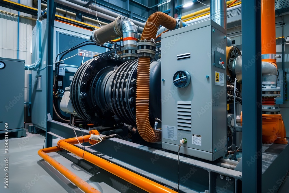 Large industrial air compressor is operating and supplying compressed ...