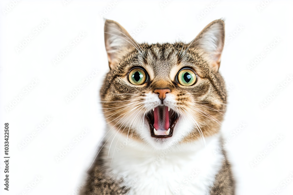 Angry and surprised cat isolated on white background with a funny and ...