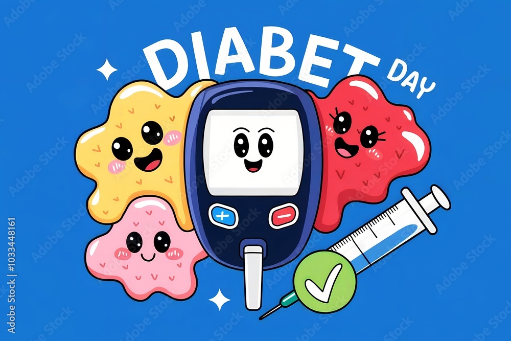 Cute cartoon characters celebrating diabetes day. Playful style. Health ...