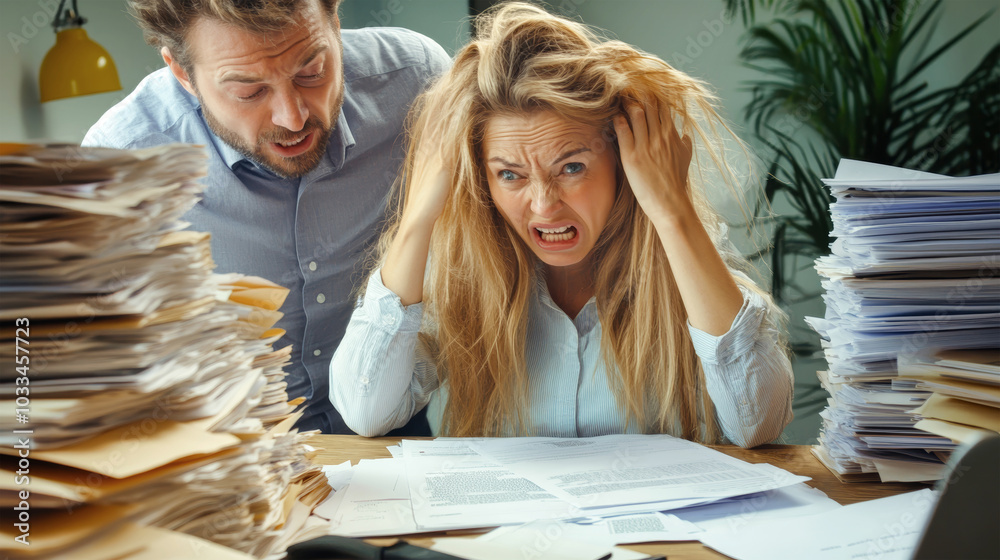 Young male boss yells at stressed employee drowning in paperwork at ...