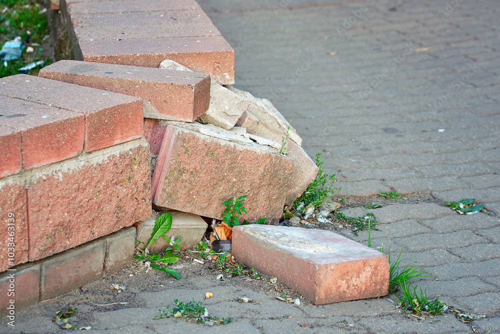 Damaged brick fence on the street, broken bricks with debris scattered ...
