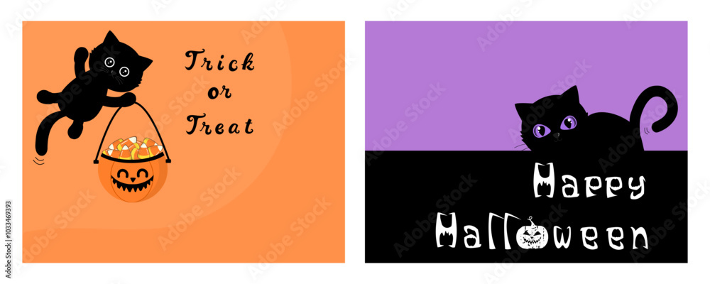 Halloween card with black cat, pumpkin bucket, candy corn and hand ...