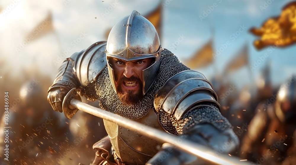 Brave and Valiant Knight in Shining Armor Charging Across the ...