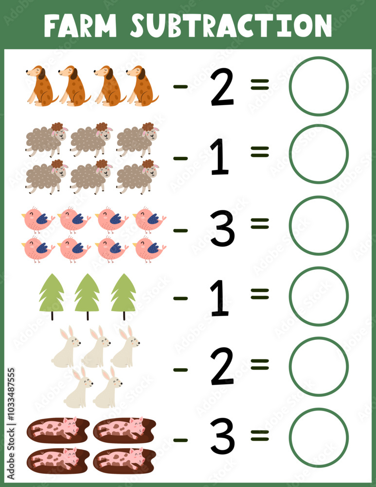 Farm subtraction worksheet for kids. Math activity page with cute farm ...