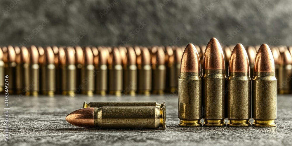 Bullets and ammunition arranged on a stone table in a wide banner or ...