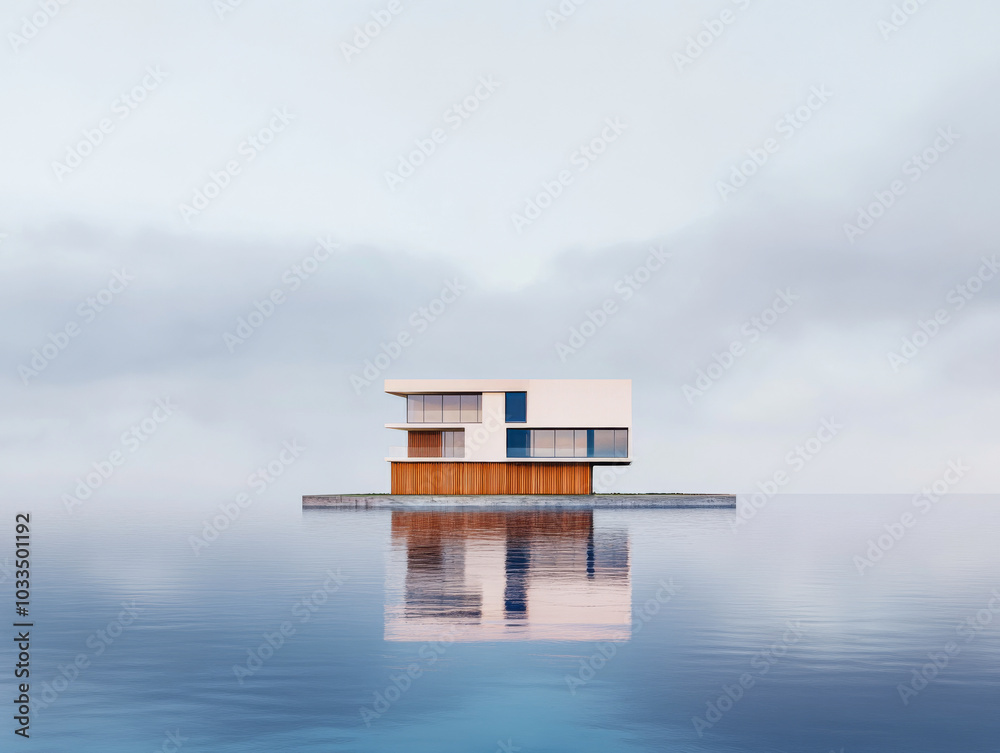 Modern architectural design of a house on water with reflections under ...