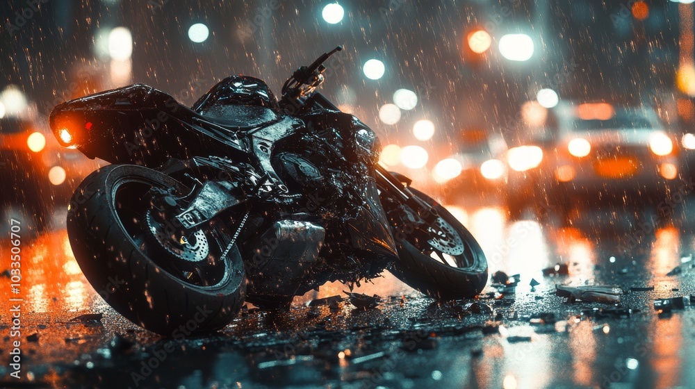 Wrecked motorcycle on city street - Close-up of a damaged motorcycle ...