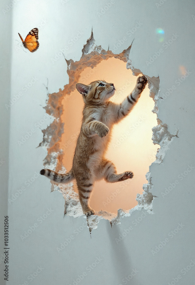 Kittens in holes of wall, little grey tabby cats peeking out of torn ...