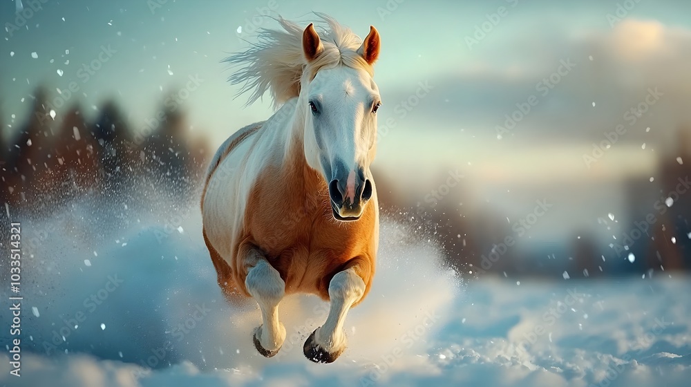 Majestic white horse galloping through a thick snowy wilderness leaving ...