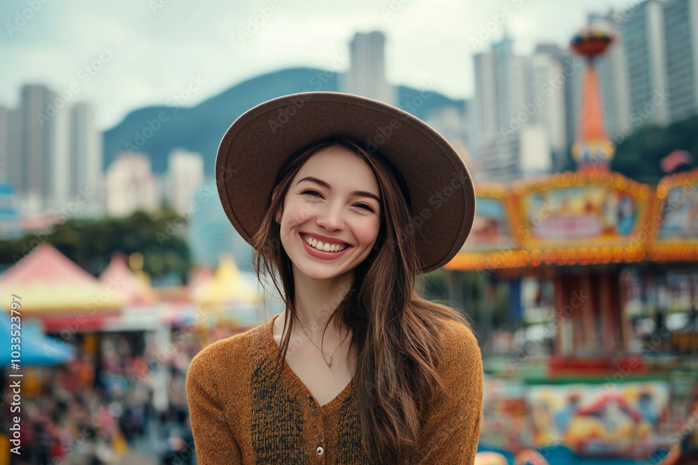 Half length portrait of cheerful german woman in stylish outfit posing ...