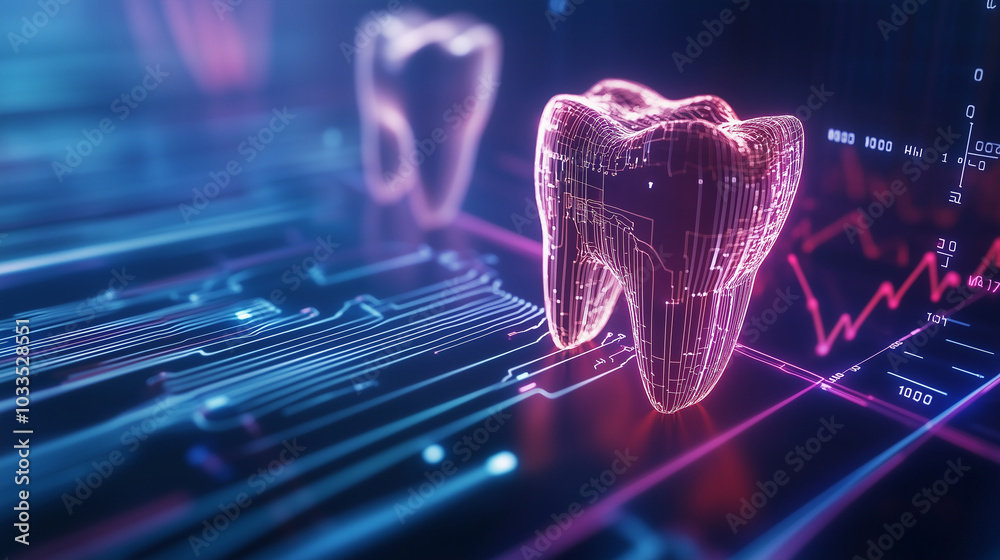 An intricate electronic dental implant design, with a glowing pulse ...
