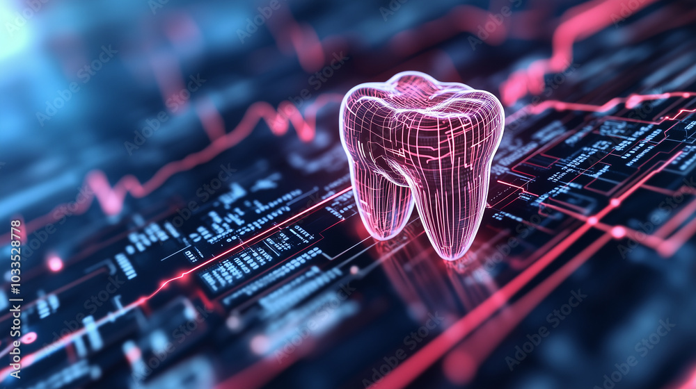 A glowing pulse wave bridging the connection between a digital dental ...