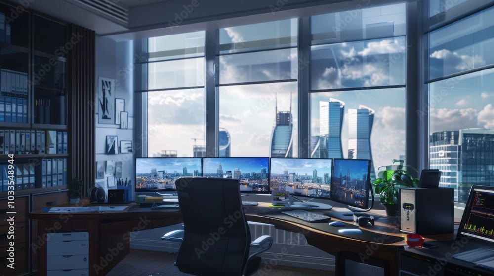 Realistic bright office desk scene cluttered with three monitors Stock ...