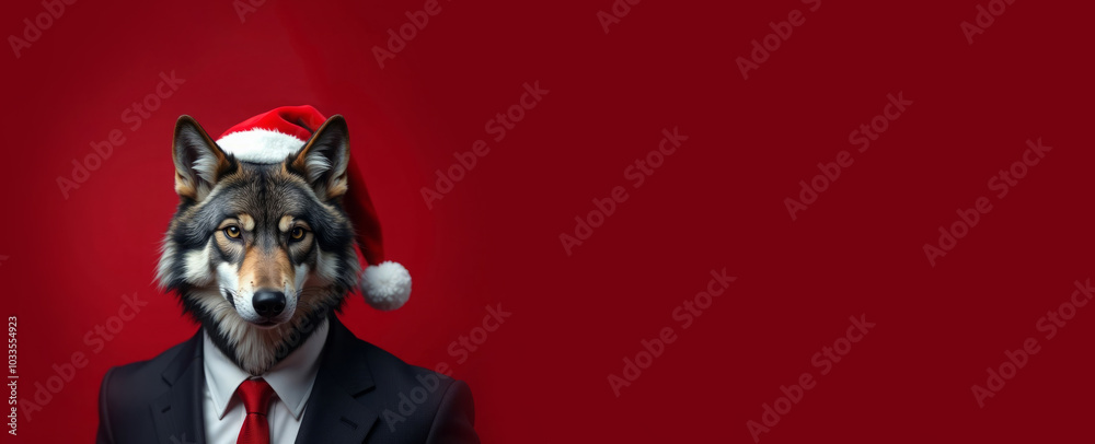 Realistic gray wolf in Santa Claus Christmas hat wearing business dark ...