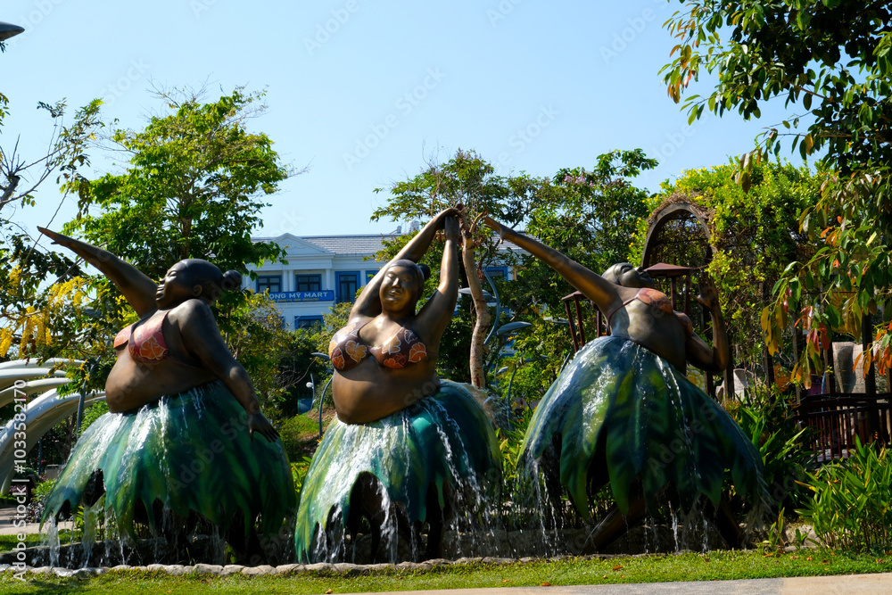 Phu Quoc Island Vietnam 07.17.2024 culture three dancing fat women in ...