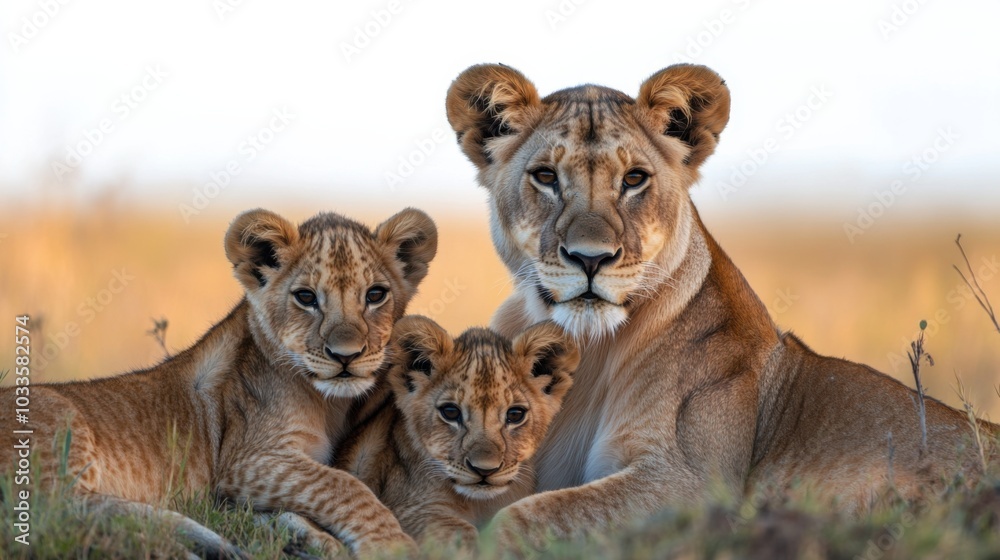 Family of lions resting in the savanna at sunset - wildlife photography ...