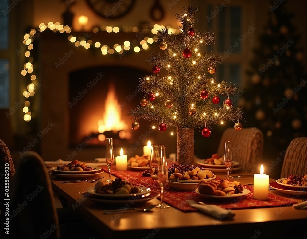 Cozy christmas dinner by the fireplace with candlelight and decorated ...