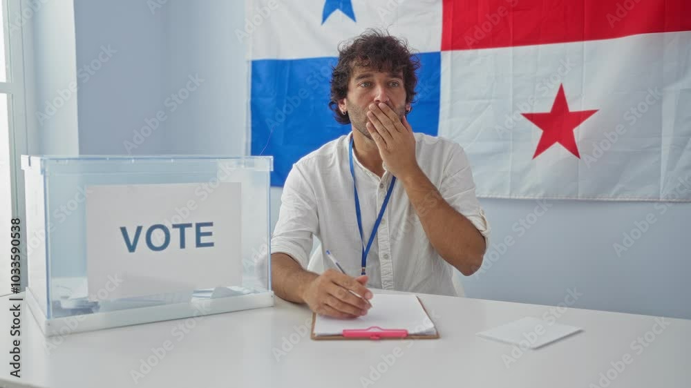 Young hispanic man taking notes with mouth and hand covering expression ...