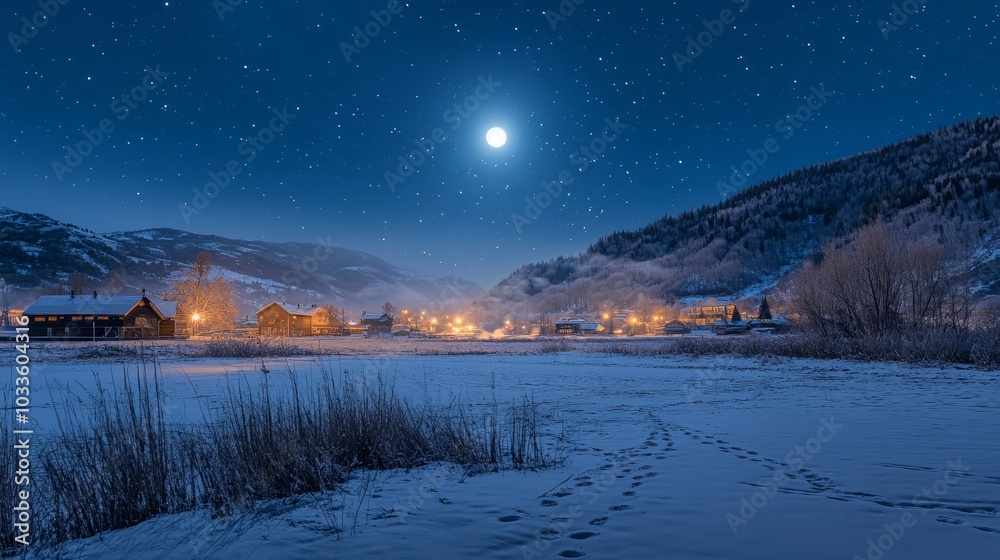 Winter night with starry sky and full moon illuminating a snow-covered ...