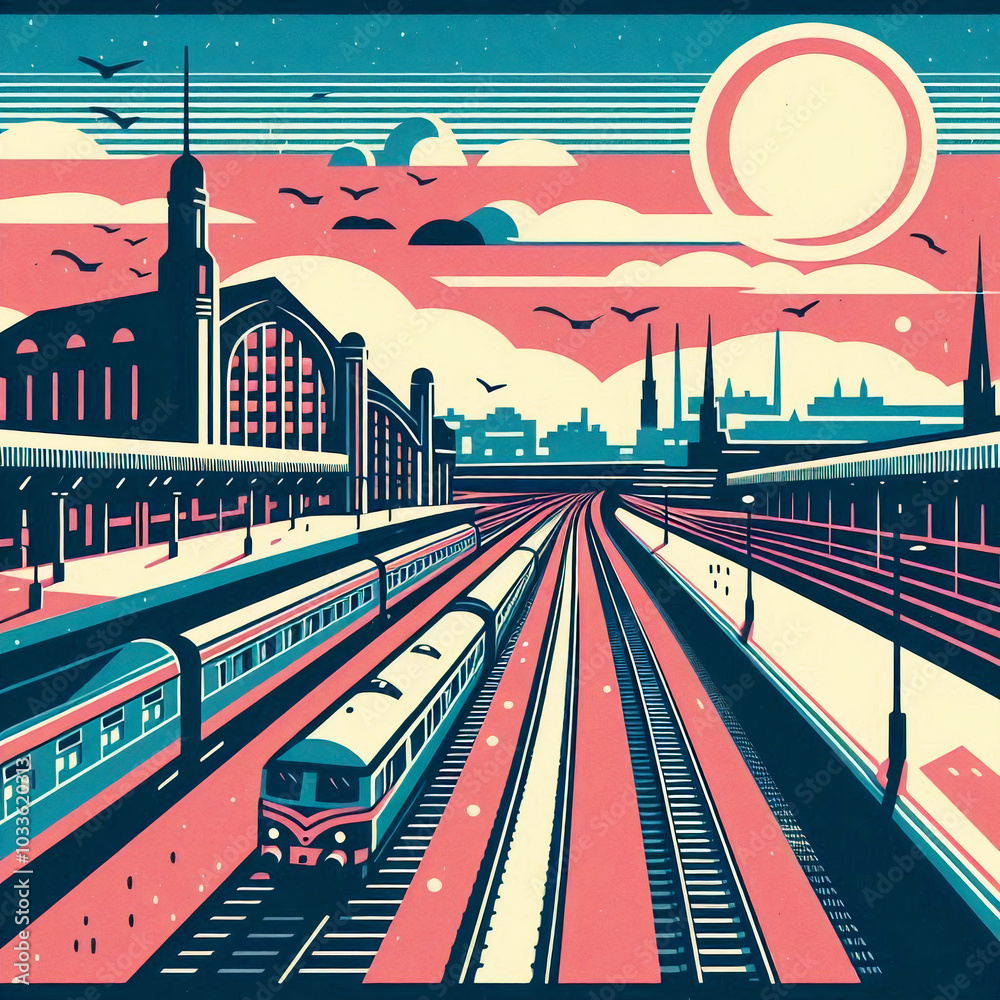A retro-style illustration of a train station with multiple railway ...
