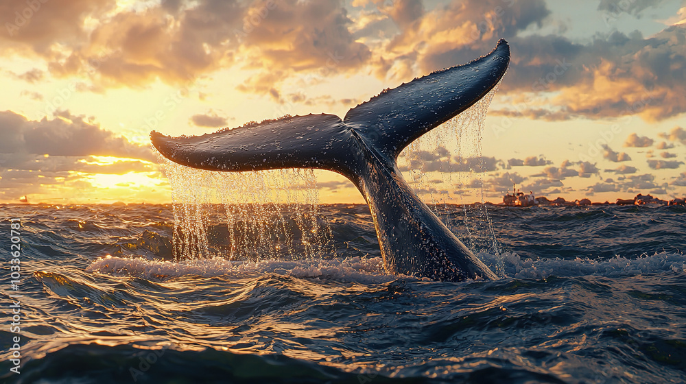 Majestic whale tail gracefully rising above ocean waves during a ...
