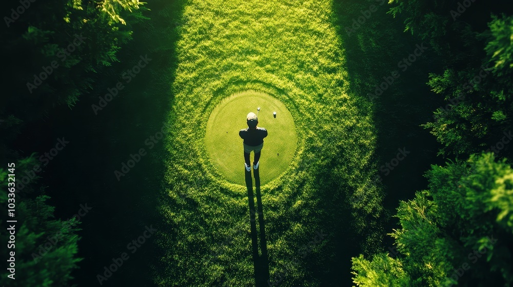 Overhead shot of golf ball near the hole, silhouette of a golfer teeing ...