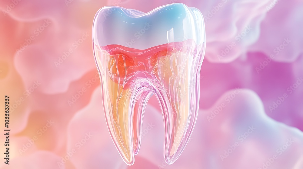 Digital rendering of a tooth with transparent layers, revealing the ...
