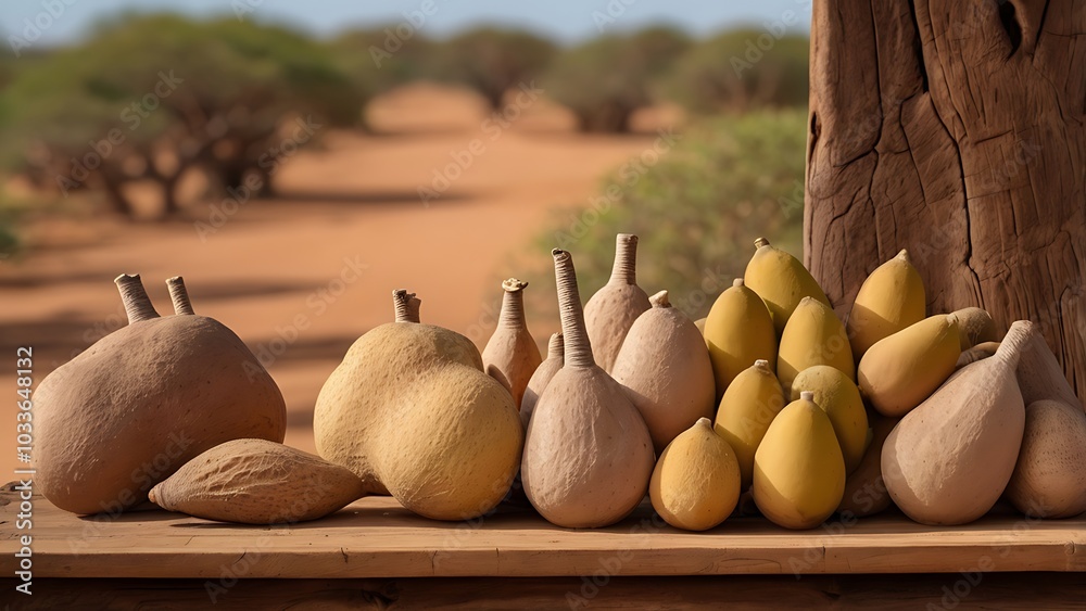 Baobab fruits, known for their vitamin-rich pulp, arranged on rustic ...