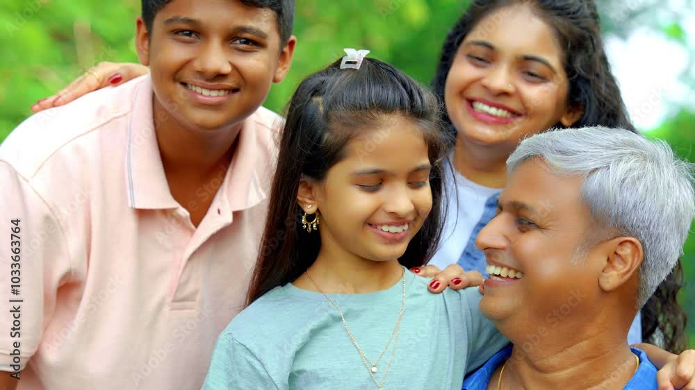 Indian Asian family of four, with parents in their forties and two kids ...