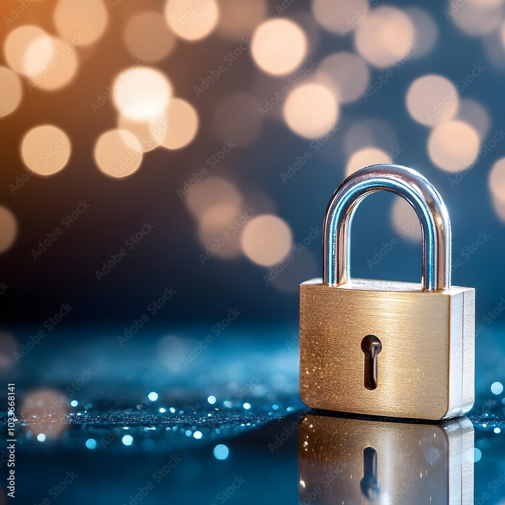 A shiny padlock sits on a reflective surface, surrounded by blurred ...