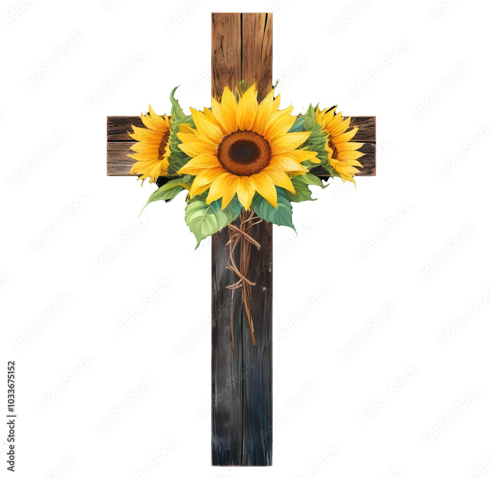 Ilustracja Stock: Sunflower wooden Cross Clipart, Watercolor Christian ...