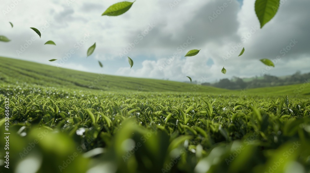 Serene tea plantation with flying leaves, offering a refreshing, nature ...