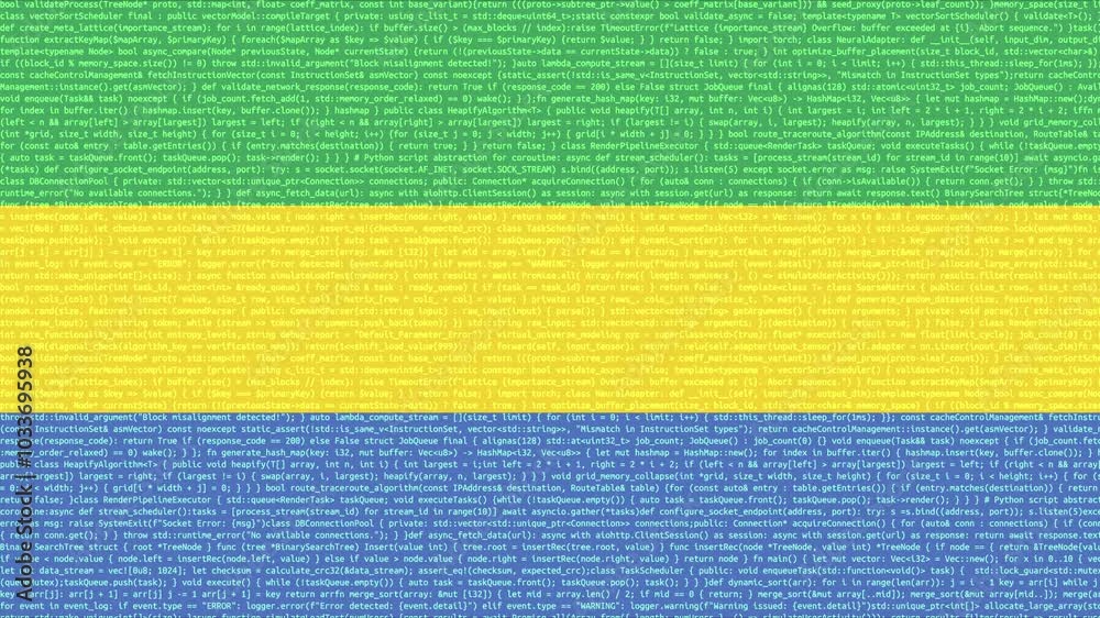 Binary code on flag of Gabon. Program source code or Hacker concept on Gabonese flag. Gabon ...