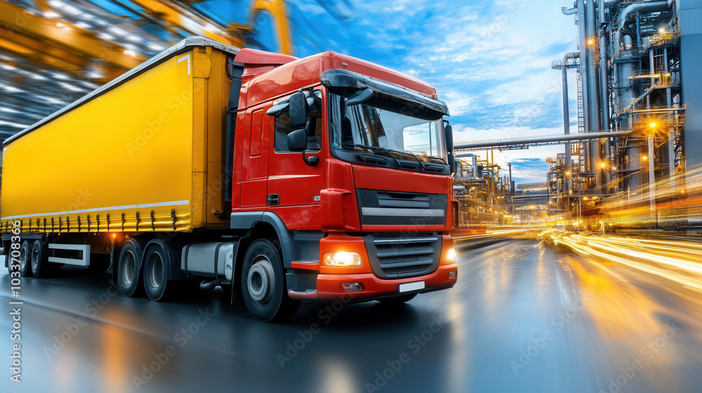 Fast moving red truck with yellow trailer on industrial road ...