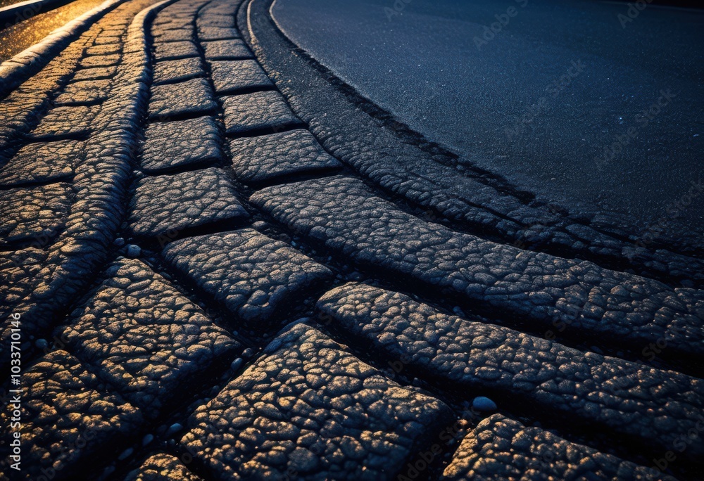 detailed close asphalt surface prominent tire tracks indicating ...
