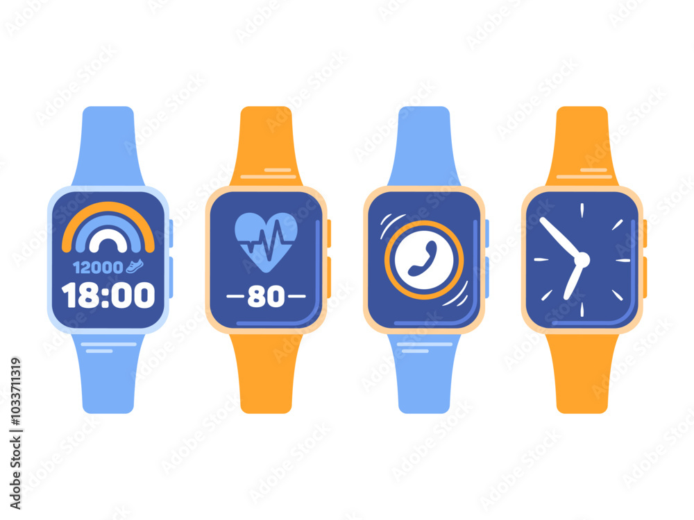 Set of smart watches, gadget variations. Physical activity tracker ...