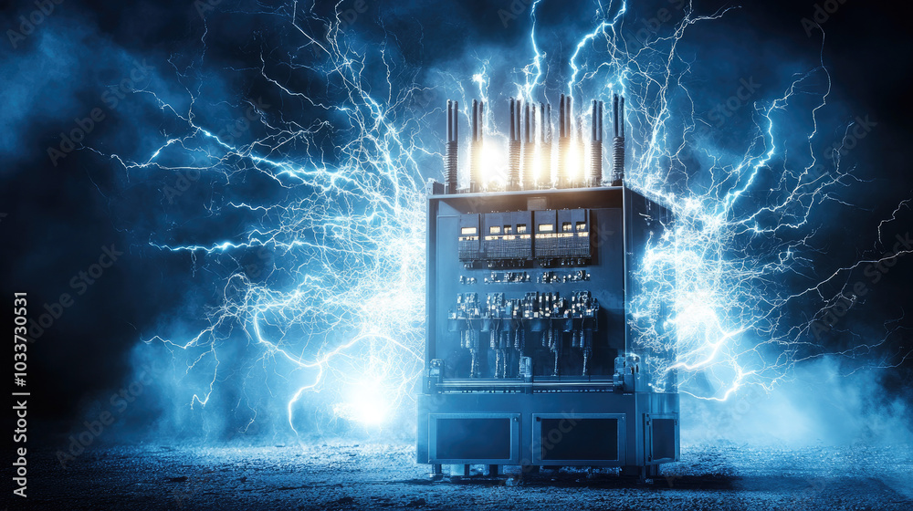 High-voltage transformer experiencing a short circuit, with arcs of ...
