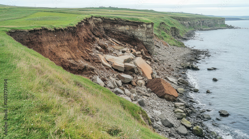 Landslide along a coastal cliff, with large rocks and soil falling into ...