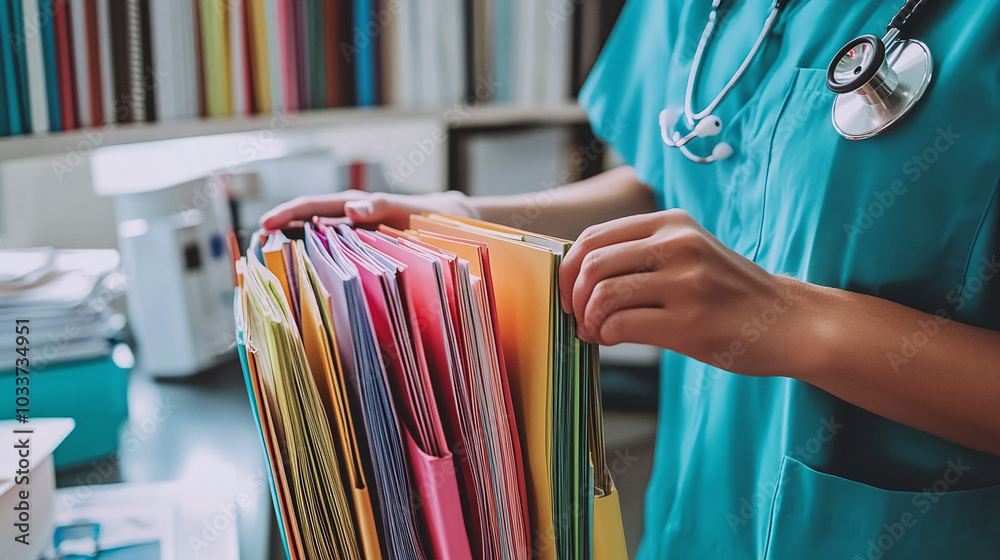 Healthcare worker organizing patient files into color-coded folders for ...