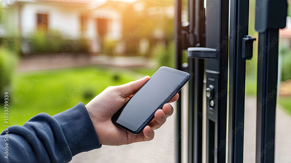 Person standing outside an automatic gate, holding a smartphone with a ...
