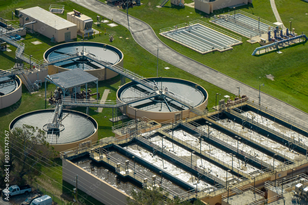 Aerial view of modern water cleaning facility at urban wastewater ...