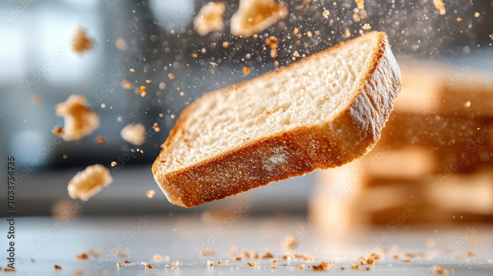 This intricate image shows a single slice of bread hovering mid-air ...