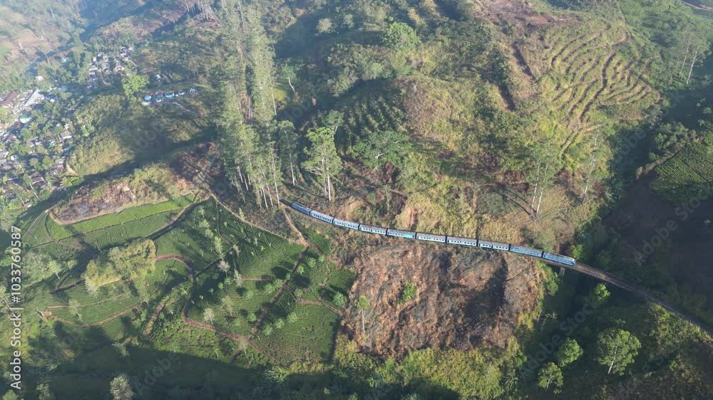A passenger train passes the green hills with tea plantations in Hatton ...