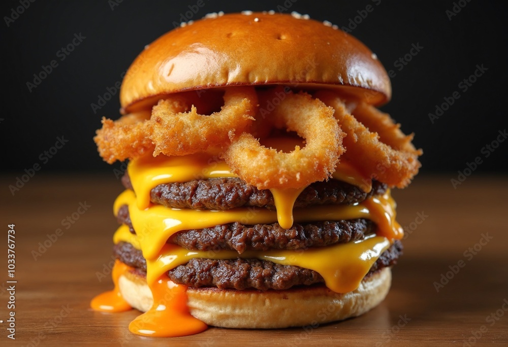 Professional food photography of a cheeseburger with three layers of ...