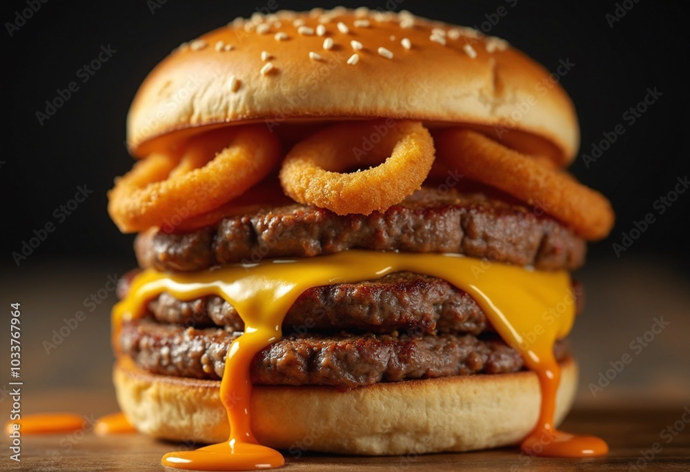 Professional food photography of a cheeseburger with three layers of ...