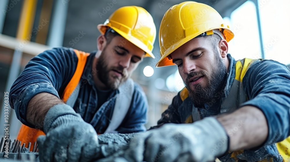 Two construction workers wearing safety gear and hard hats collaborate ...