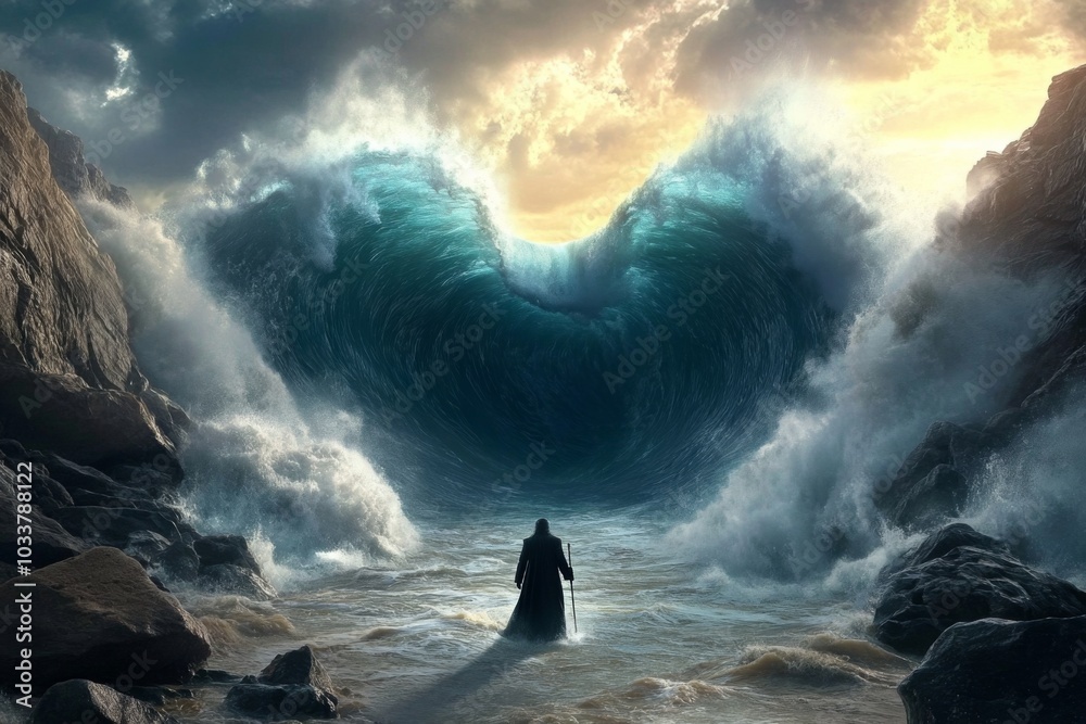 Person in black robe standing in powerful ocean wave, ready to conquer ...
